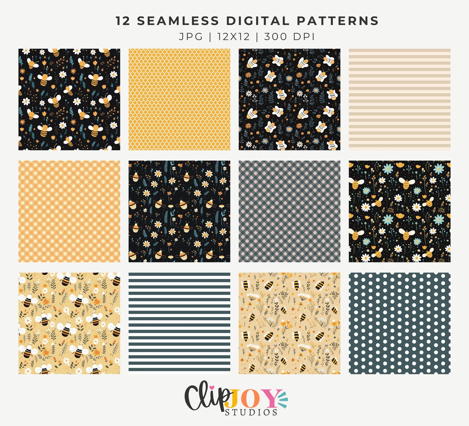 Cute Honey Bees Seamless Patterns, 12 Downloadable Digital Papers, Bee ...
