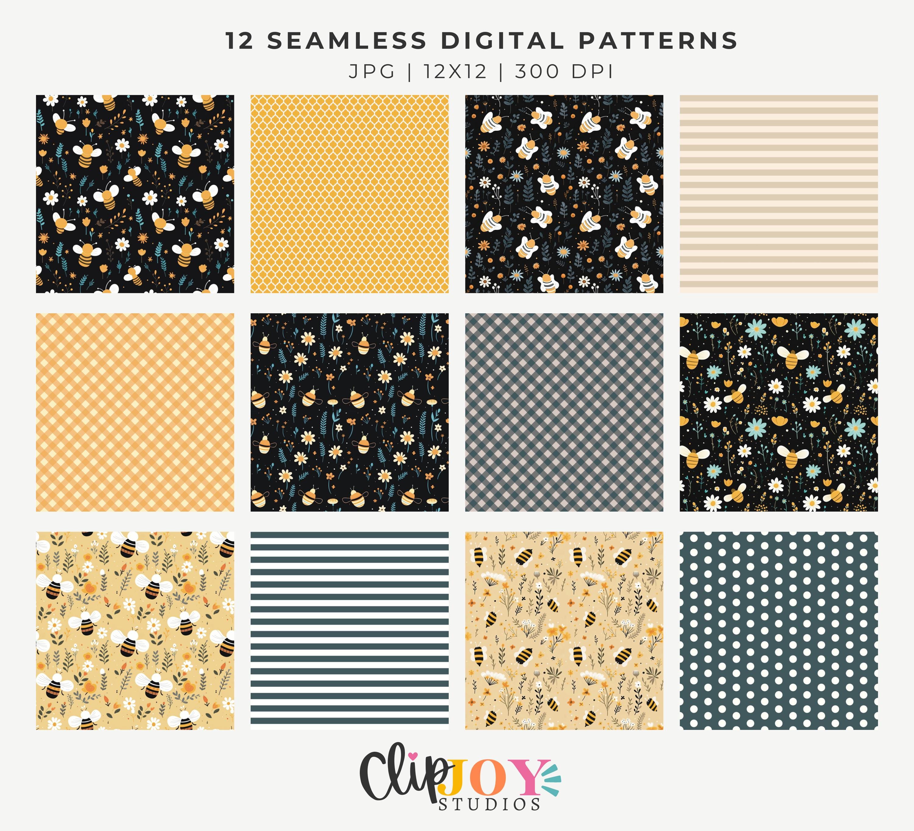 Cute Honey Bees Seamless Patterns, 12 Downloadable Digital Papers, Bee ...