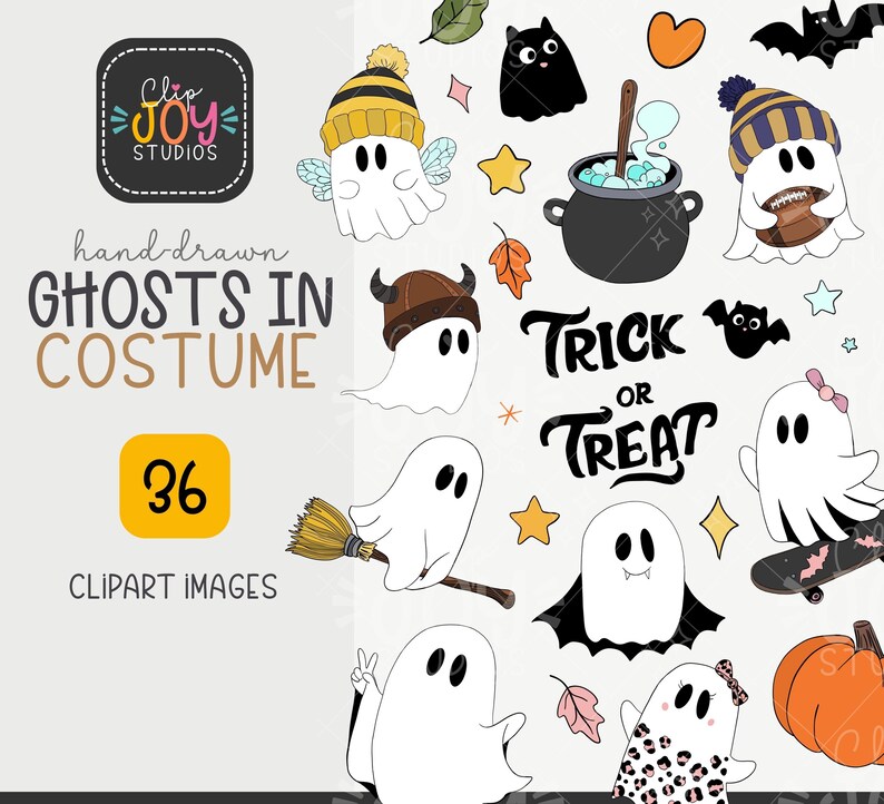 Ghost Clipart Set – Halloween Costume Ghosts PNG Bundle, Hand Drawn ...