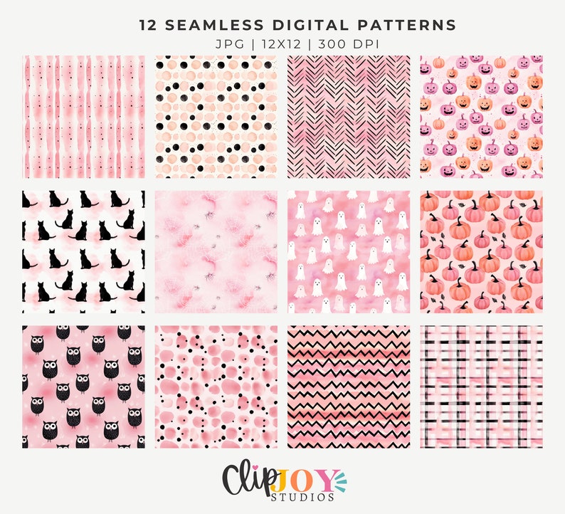 PINK Halloween Digital Paper Pack-seamless Pumpkins, Ghosts, Owls ...