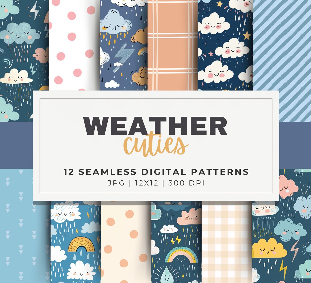Cute Weather Patterns Clouds, Rain, Lightning, 12 Seamless Textures ...