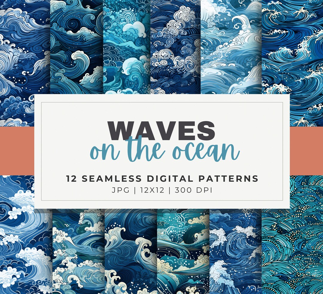 Ocean Waves Journal Paper Pattern Digital Bundle, 12 Seamless Patterns ...