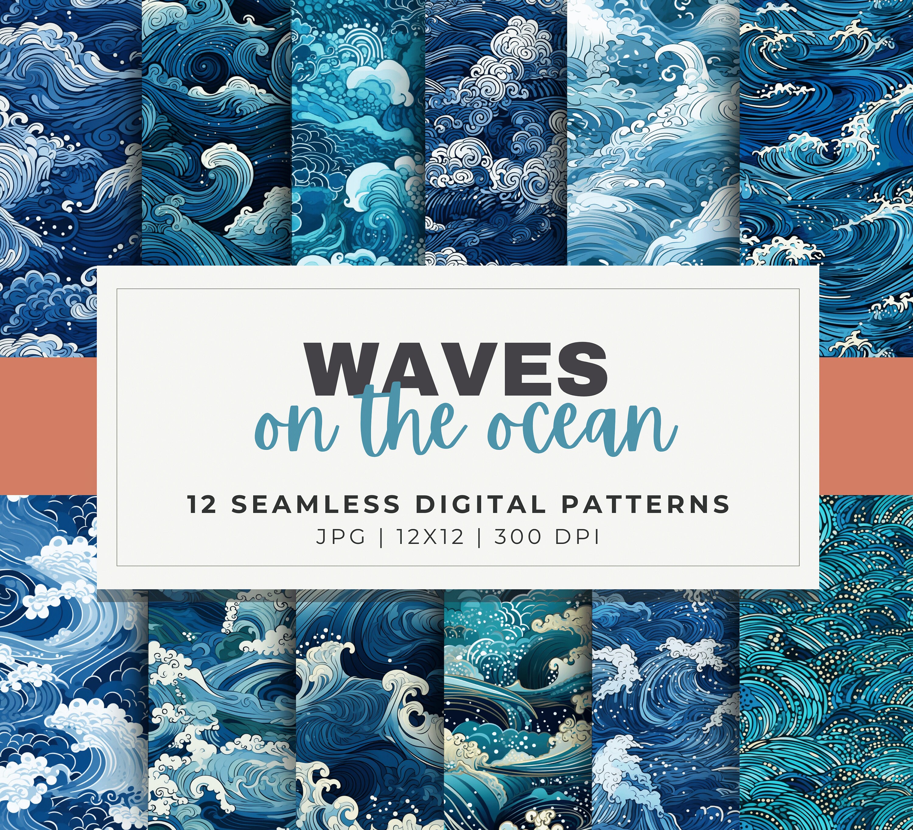 Ocean Waves Journal Paper Pattern Digital Bundle, 12 Seamless Patterns ...