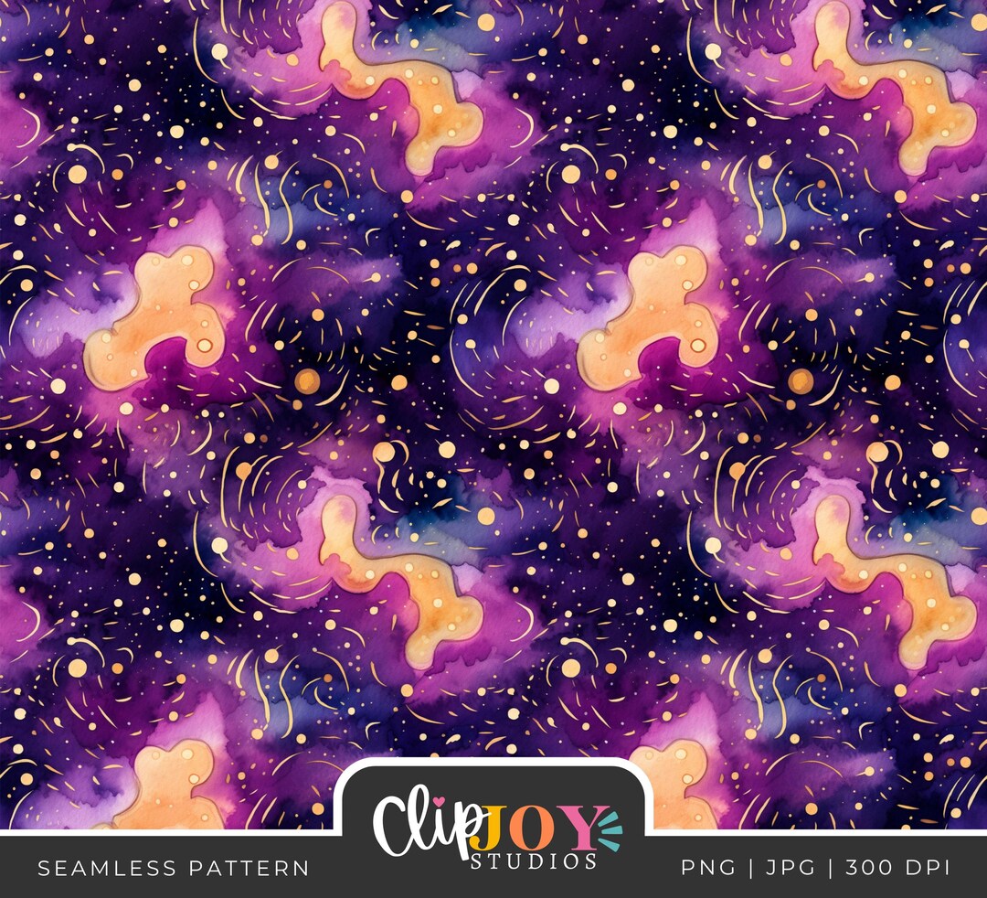 Purple and Gold Nebulae Seamless Pattern, Abstract Galaxy Design, Golden Star Printable ...