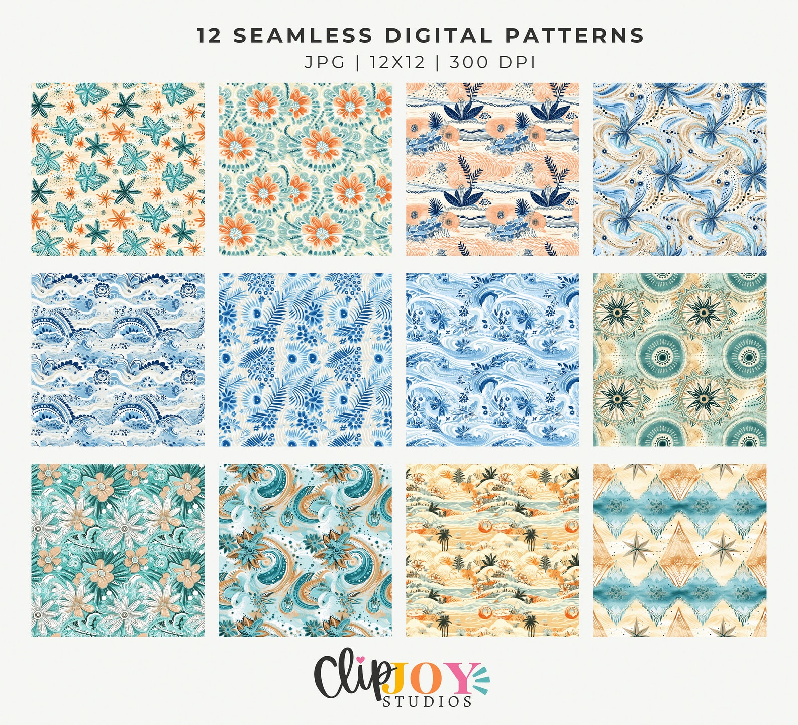 Beach Vibes Pattern Digital Paper, 12 Seamless, 12x12 Tropical Ocean ...