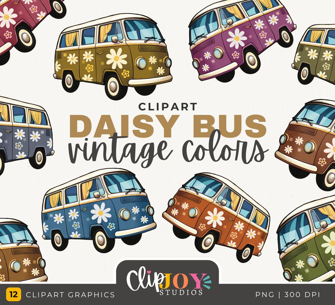 Vintage Daisy Bus Clipart | Retro Van Graphics | 12 PNG Files | Boho Floral Camper Designs for ...