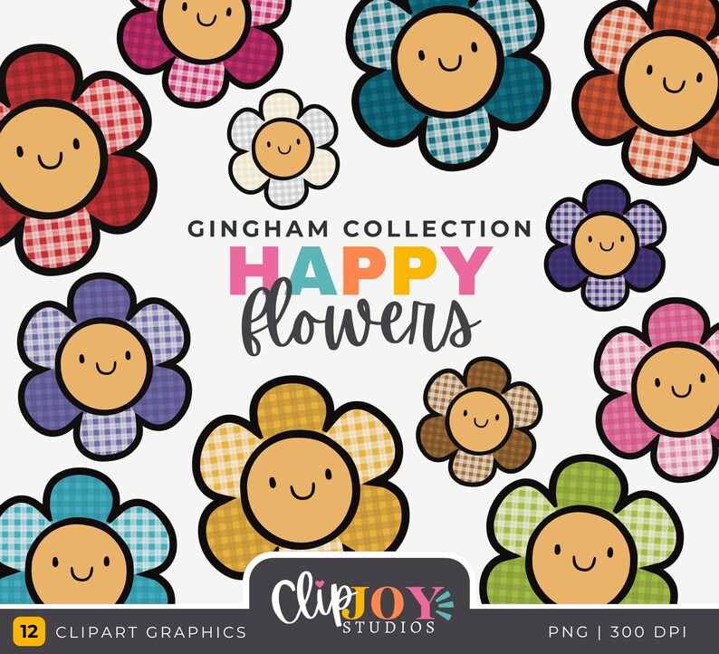 Gingham Flowers Fall Clipart, Happy Kawaii Flower, Colorful and Cute ...