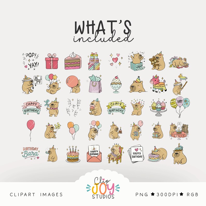 Capybara Birthday Clipart: 40 Hand-drawn PNG Images (digital Download ...
