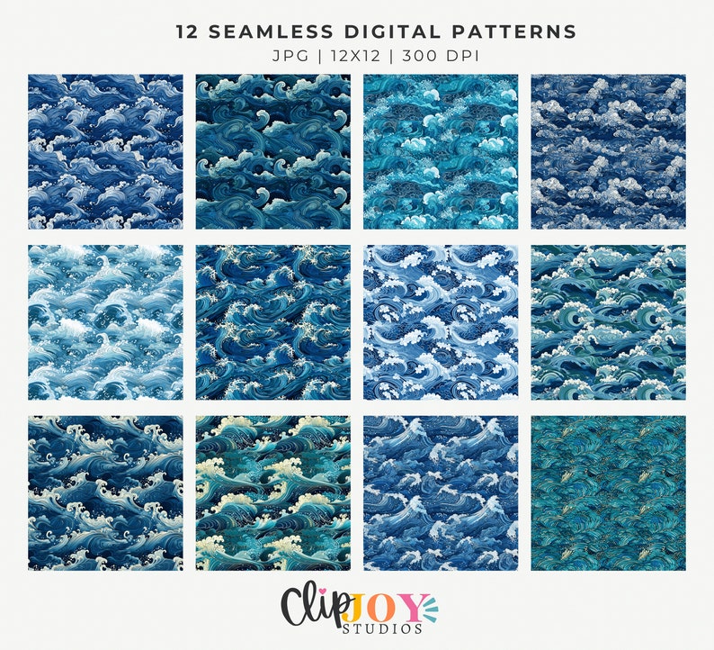 Ocean Waves Journal Paper Pattern Digital Bundle, 12 Seamless Patterns ...