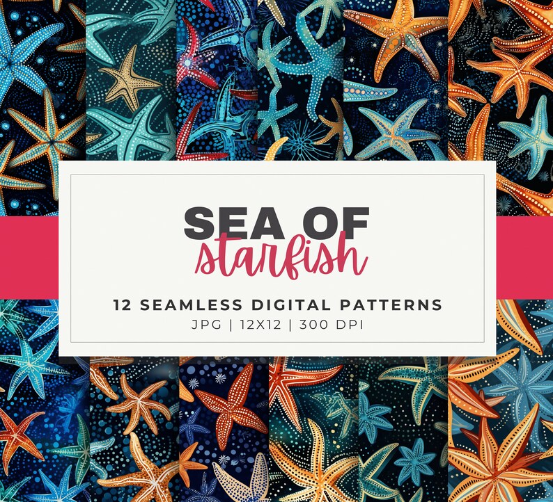 Sea of Starfish Patterns Digital Paper, 12 Seamless, 12x12 Ocean ...