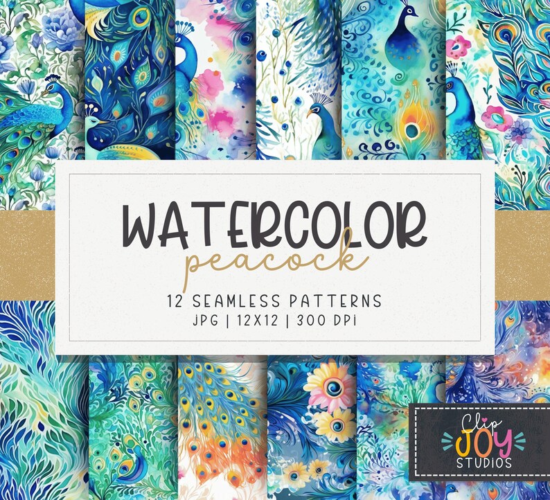 Watercolor Peacock Patterns Digital Papers, 12 Seamless, 12x12 Bird ...