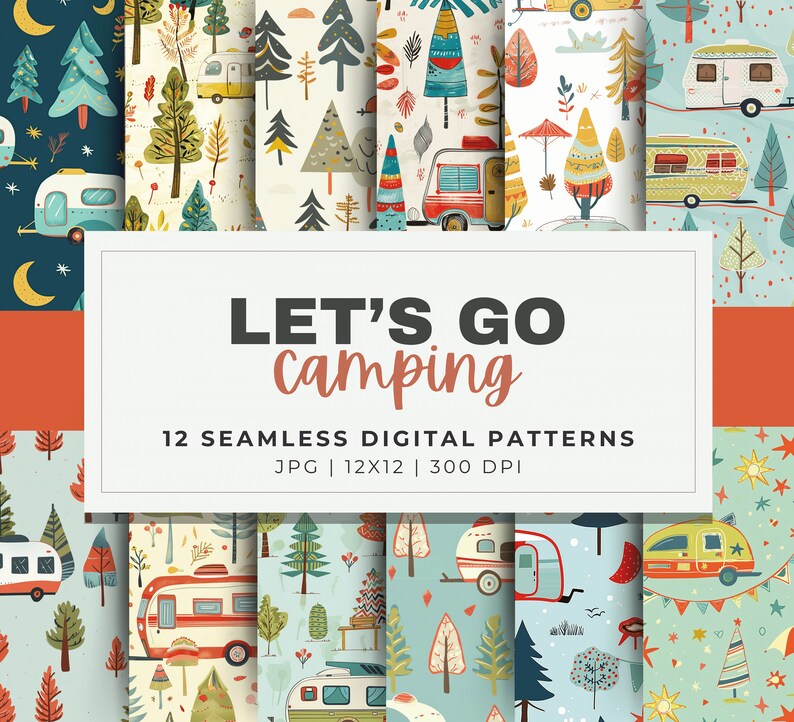 Let's Go Camping, Retro RV Seamless Textures, 12 Downloadable Camper ...