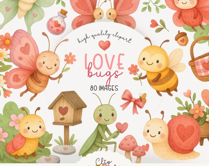 Cute Love Bug PNG Clipart Bundle, Transparent Backgrounds, Digital ...
