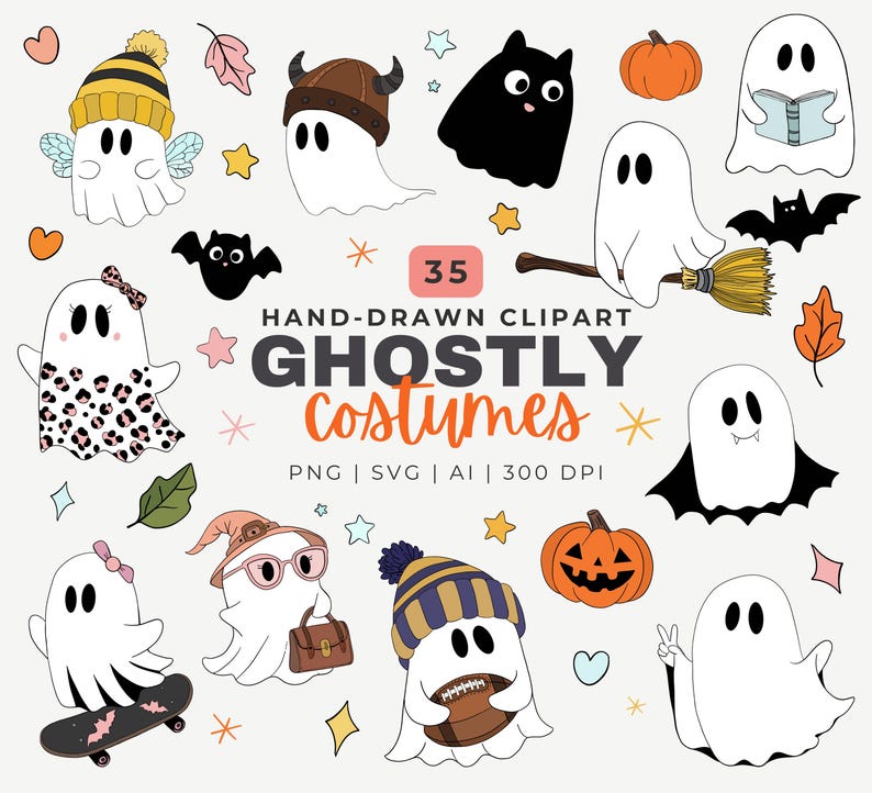 Cute Ghosts in Costumes SVG PNG Hand-drawn Halloween Clip Art Bundle ...