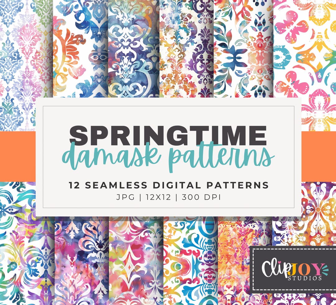 Springtime Damask Patterns Digital Paper, 12 Seamless, 12x12 Bright ...