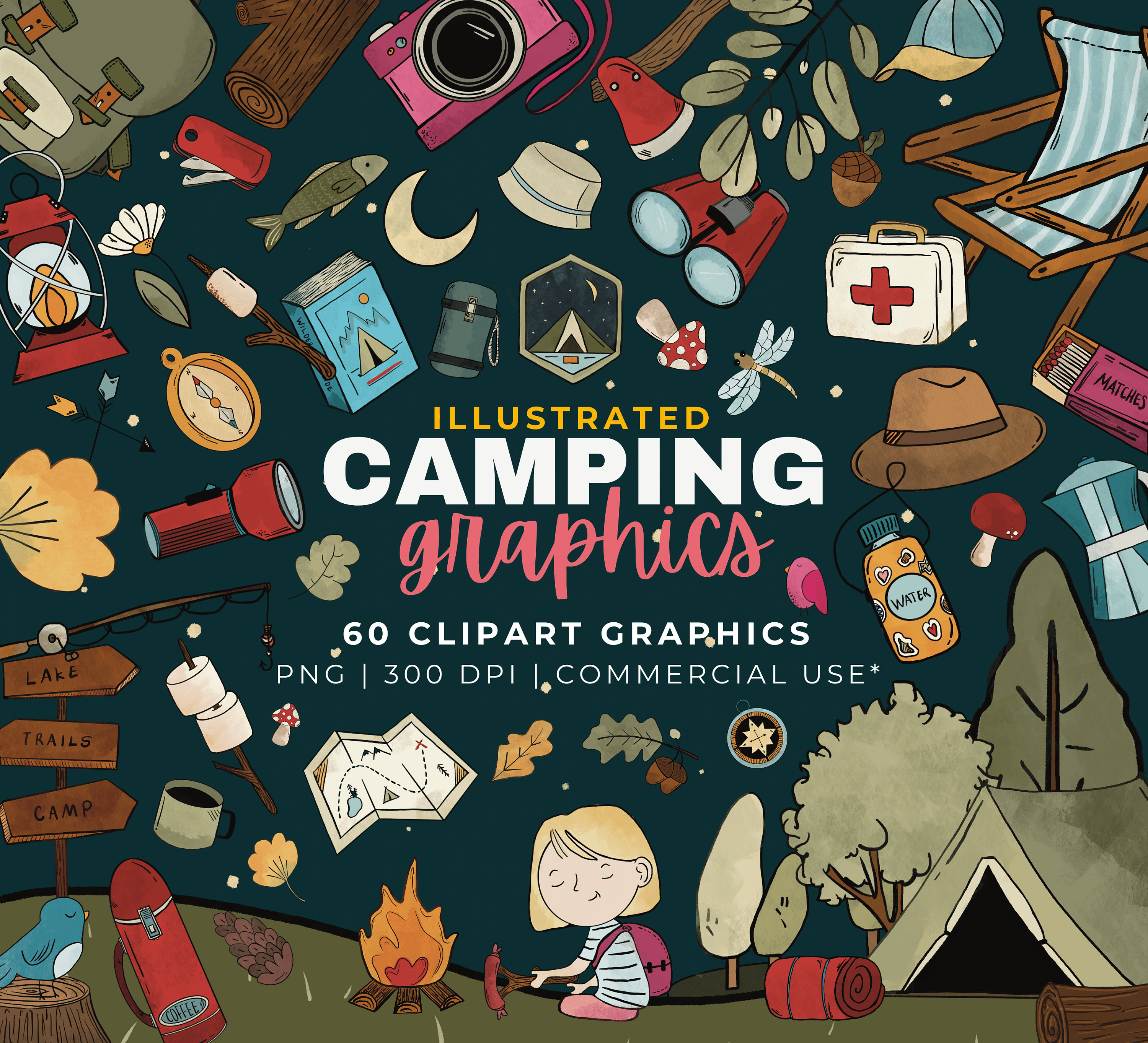 Illustrated Camping Clip Art Colorful Line Art, Campsite Hand-drawn ...
