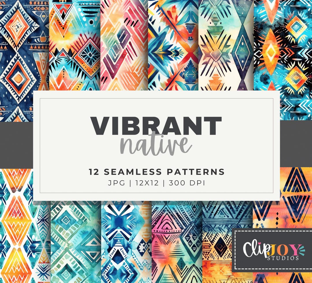 Vibrant Native Tribal Patterns Digital Paper, 12 Seamless, 12x12 ...