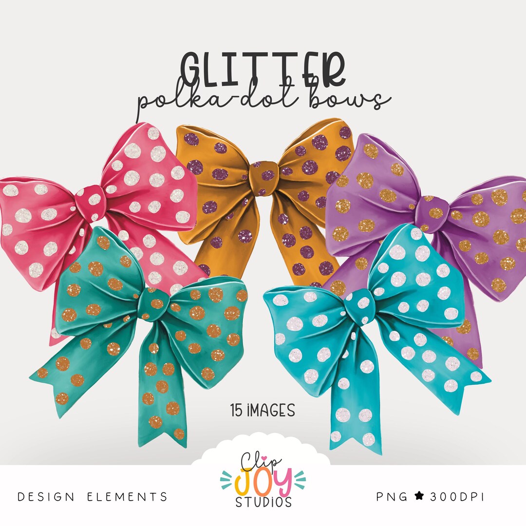Glitter Polka Dot Bow Clipart: Watercolor Ribbon Illustrations ...
