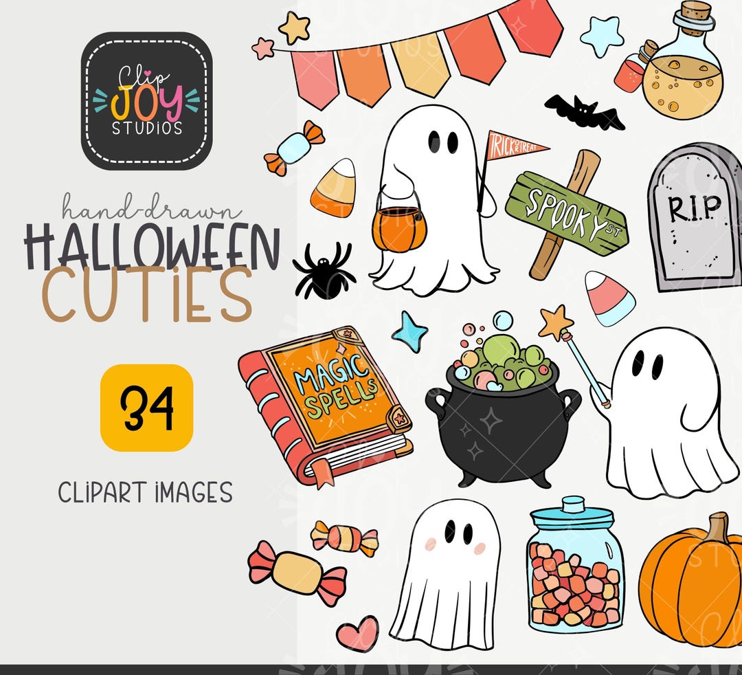 Cute Halloween Clipart Set | 34 Hand-drawn Pngs | Ghosts, Candy ...
