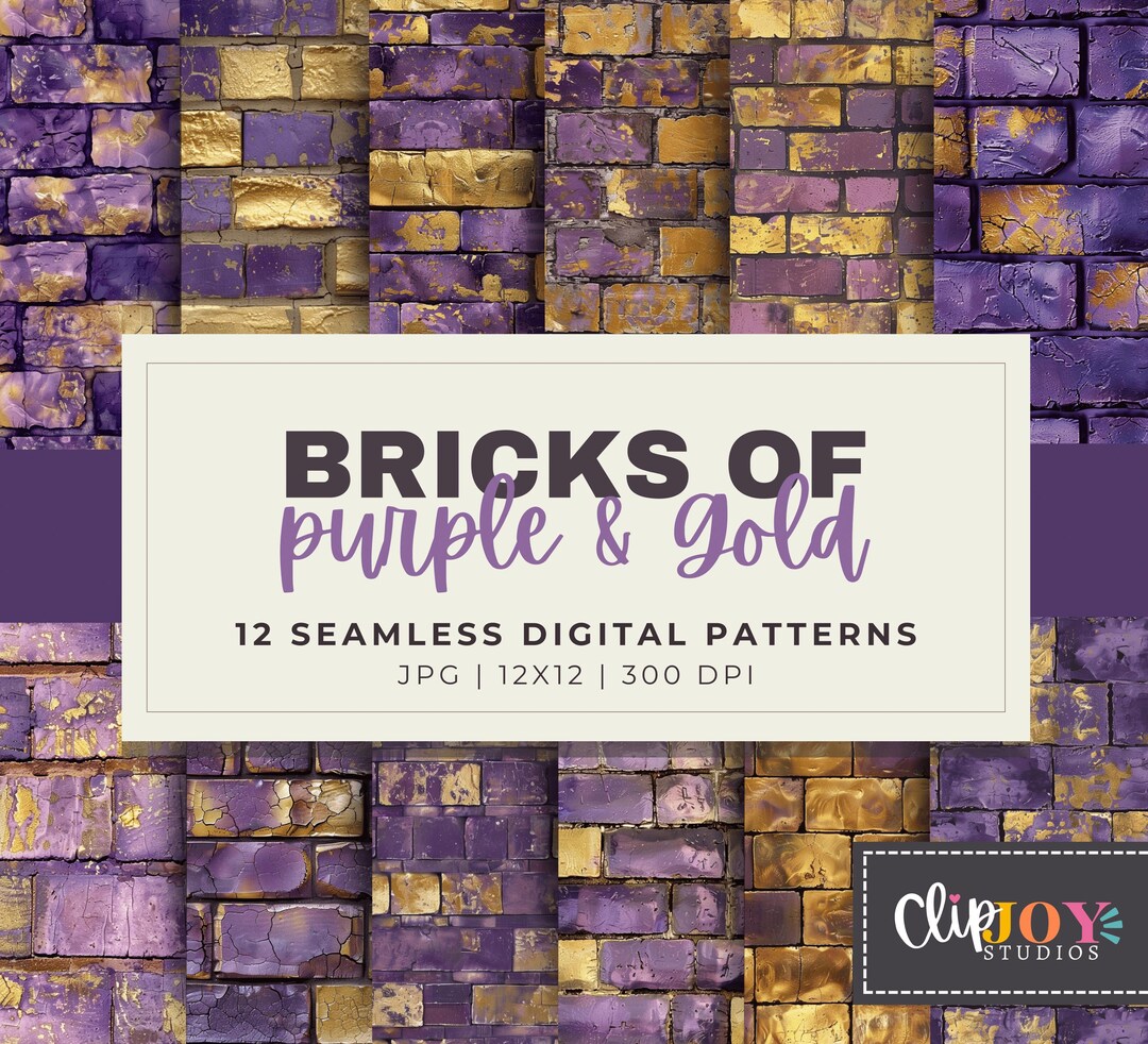Purple & Gold Brick Textures, Brick Wall Seamless Patterns, 12 ...