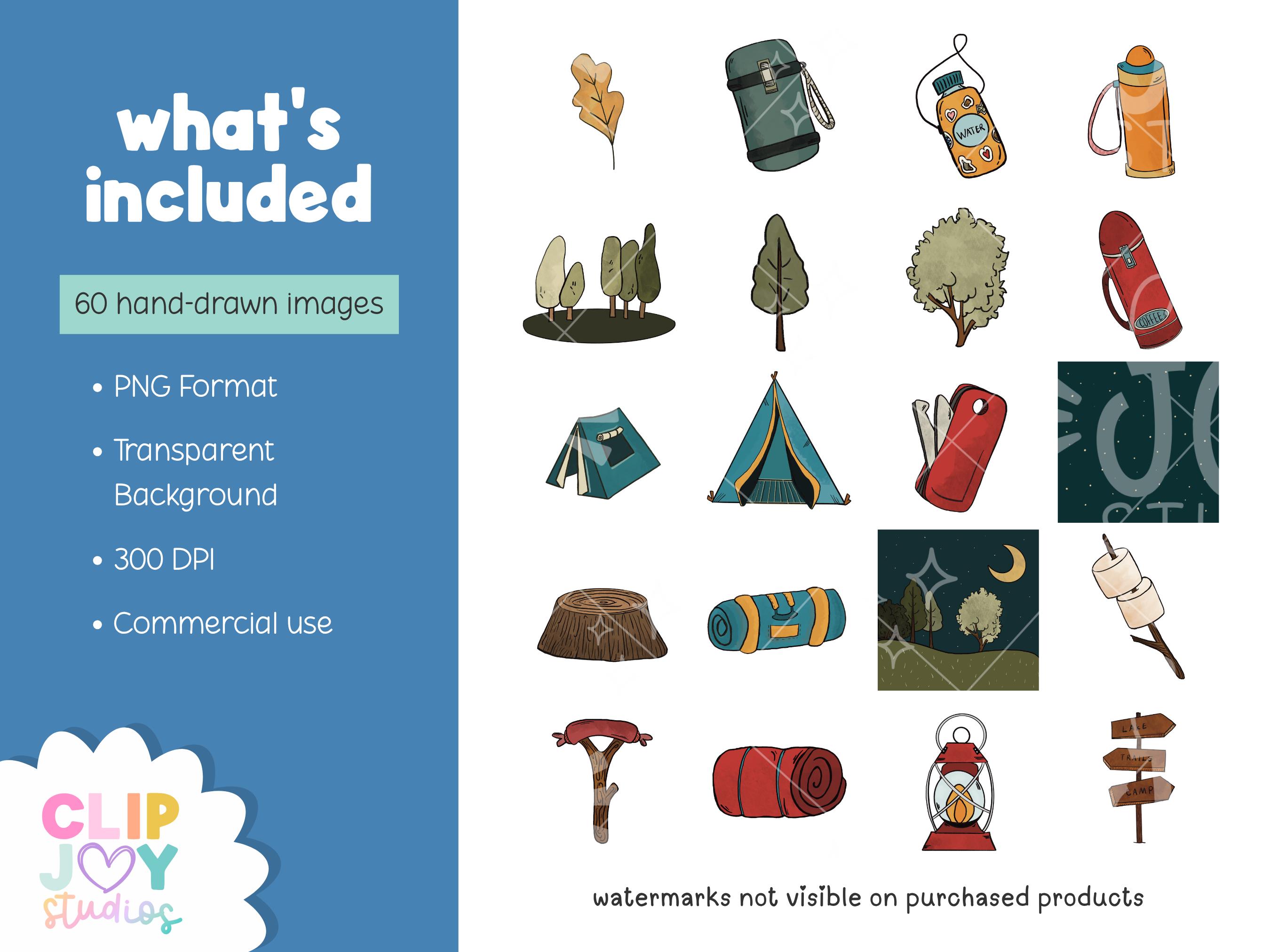 Camping Clipart Set: Hand-drawn Campfire, Tent, S'mores (PNG Digital ...