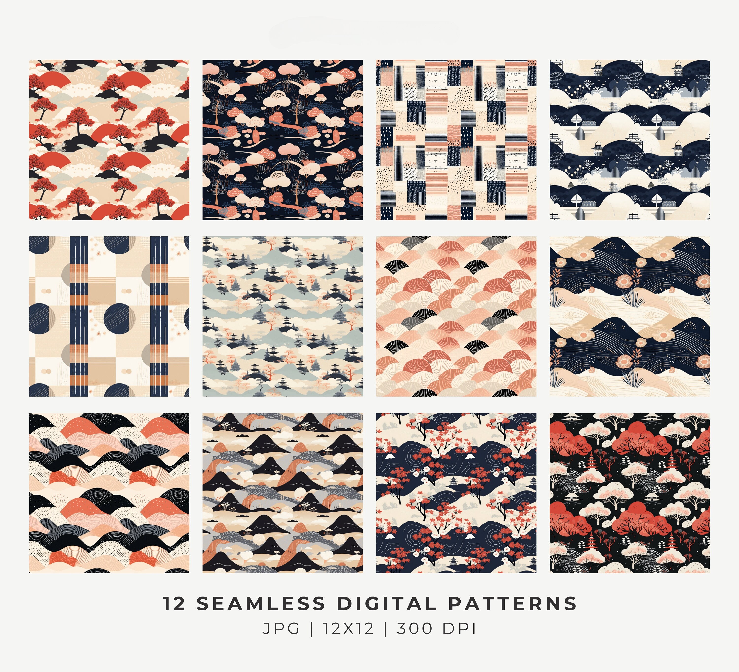 Asian Patterns Digital Papers, 12 Seamless, 12x12, Japanese Inspired ...