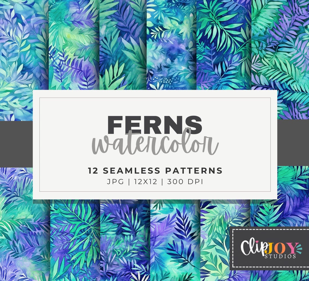 Watercolor Ferns Purple and Green Batik Seamless Patterns, Digital ...