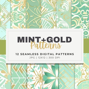 Mint and Gold Digital Paper Pack-seamless Patterns, Printable ...