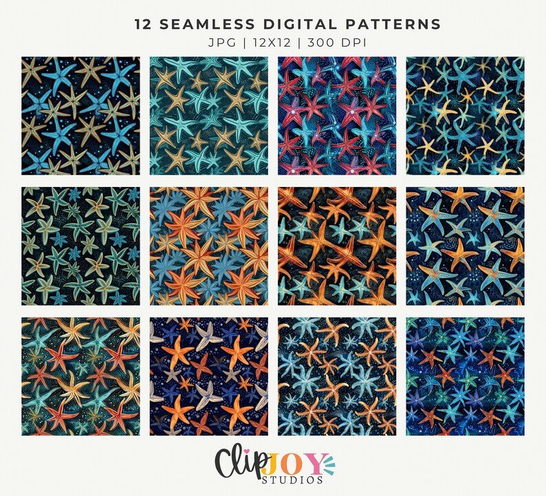 Sea of Starfish Patterns Digital Paper, 12 Seamless, 12x12 Ocean ...