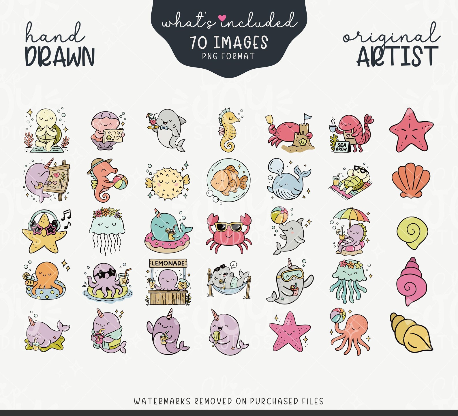 Ocean Summer Clipart Set – 70 Cute Beach Animals & Sea Icons – Hand ...
