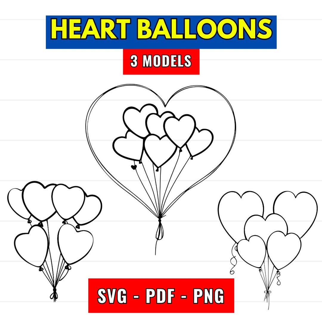 Heart Balloons SVG, Balloons Outline, PNG 300 Dpi, Party Balloons ...