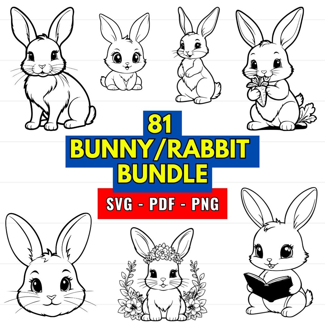 Rabbit Bundle SVG, Bunny Outline Svg, PNG, PDF, Cute Bunny Vector for ...