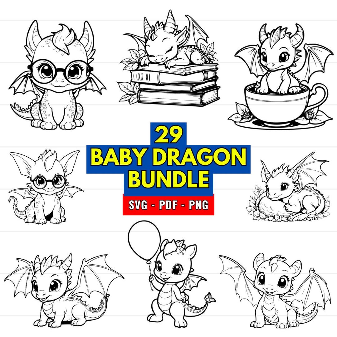 Cute Baby Dragon Bundle SVG, Dragon Outline Vector, Cute Dragon Svg ...