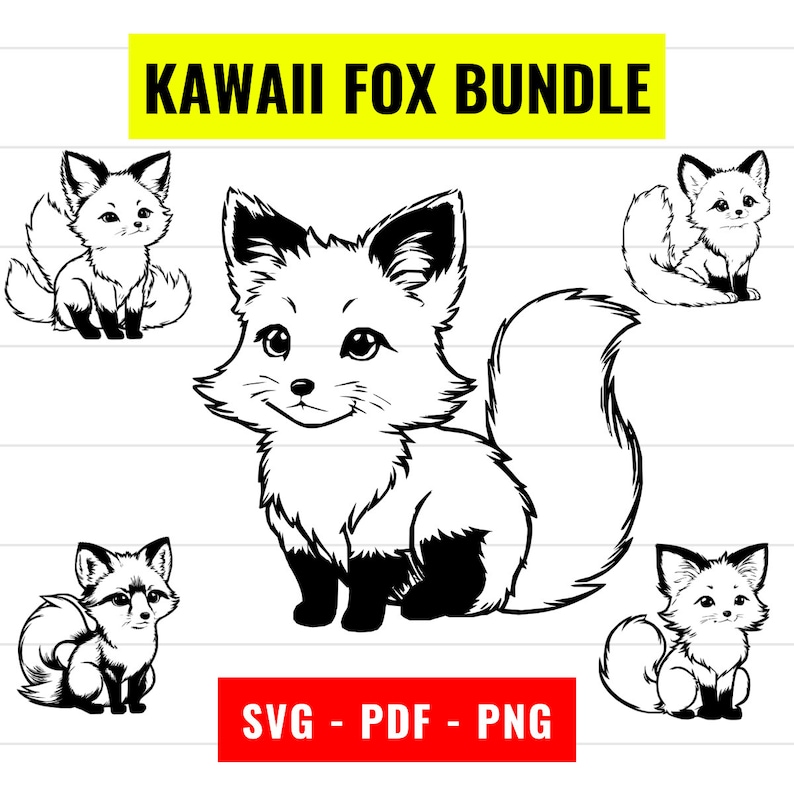 Cute Fox SVG, Fox Outline Svg Bundle, PNG, PDF Kawaii Fox Vector Svg ...
