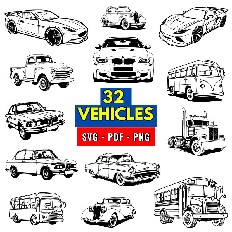 Vehicle SVG Bundle, Car Outline Svg, PNG, PDF, Car Vector for Cricut ...