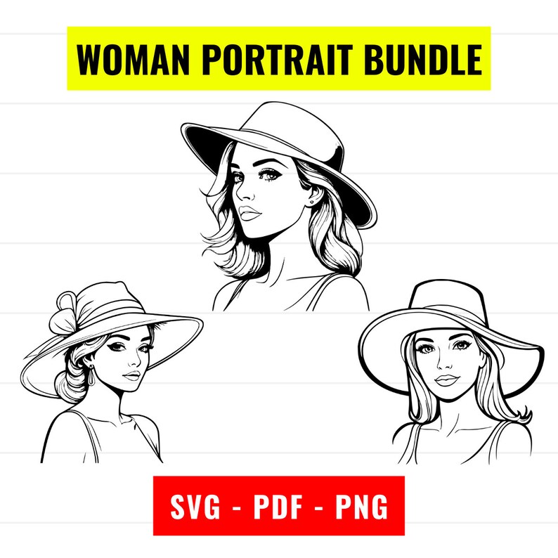 Woman Portrait SVG Bundle, Woman With Hat Vector, Elegant Lady Svg Cut ...