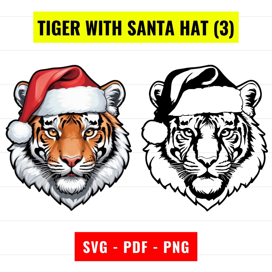 Christmas Tiger Head PNG SVG: Santa Hat Animal Cut File (digital ...