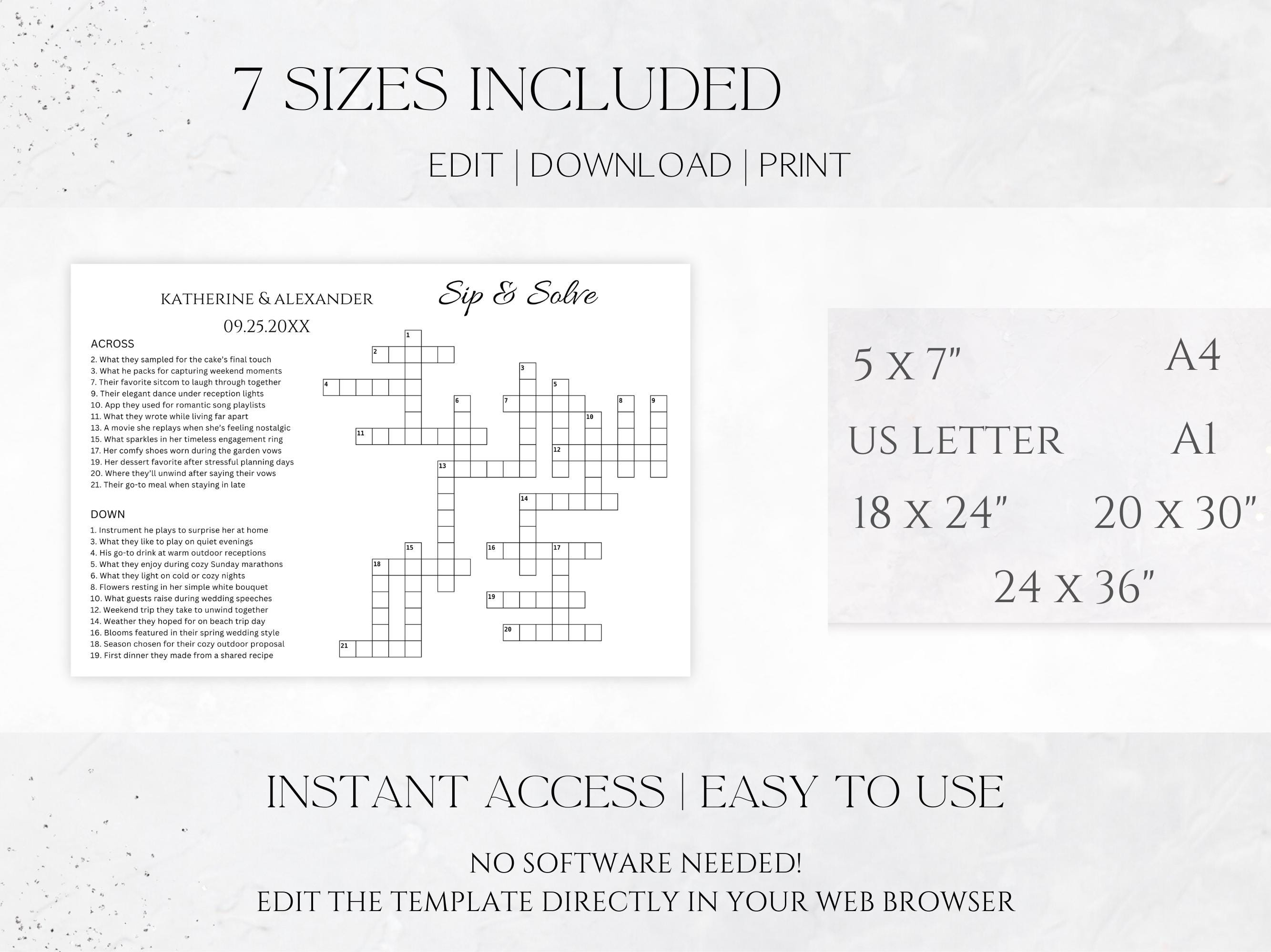 Editable Sip and Solve Puzzle Game, Custom Wedding Crossword Canva ...