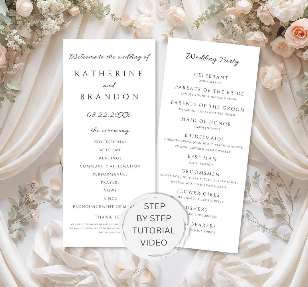 Ceremony Wedding Program Template, Wedding Ceremony and Party Program ...