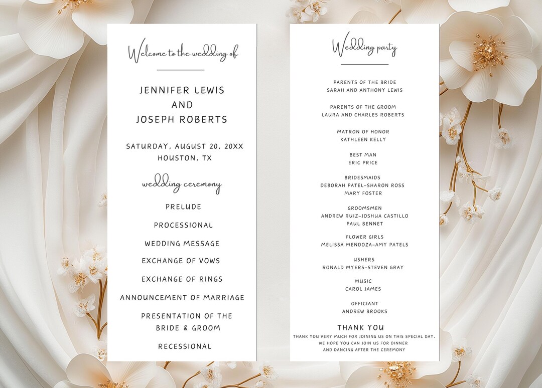 Elegant Wedding Program Template, Wedding Ceremony Program Template ...