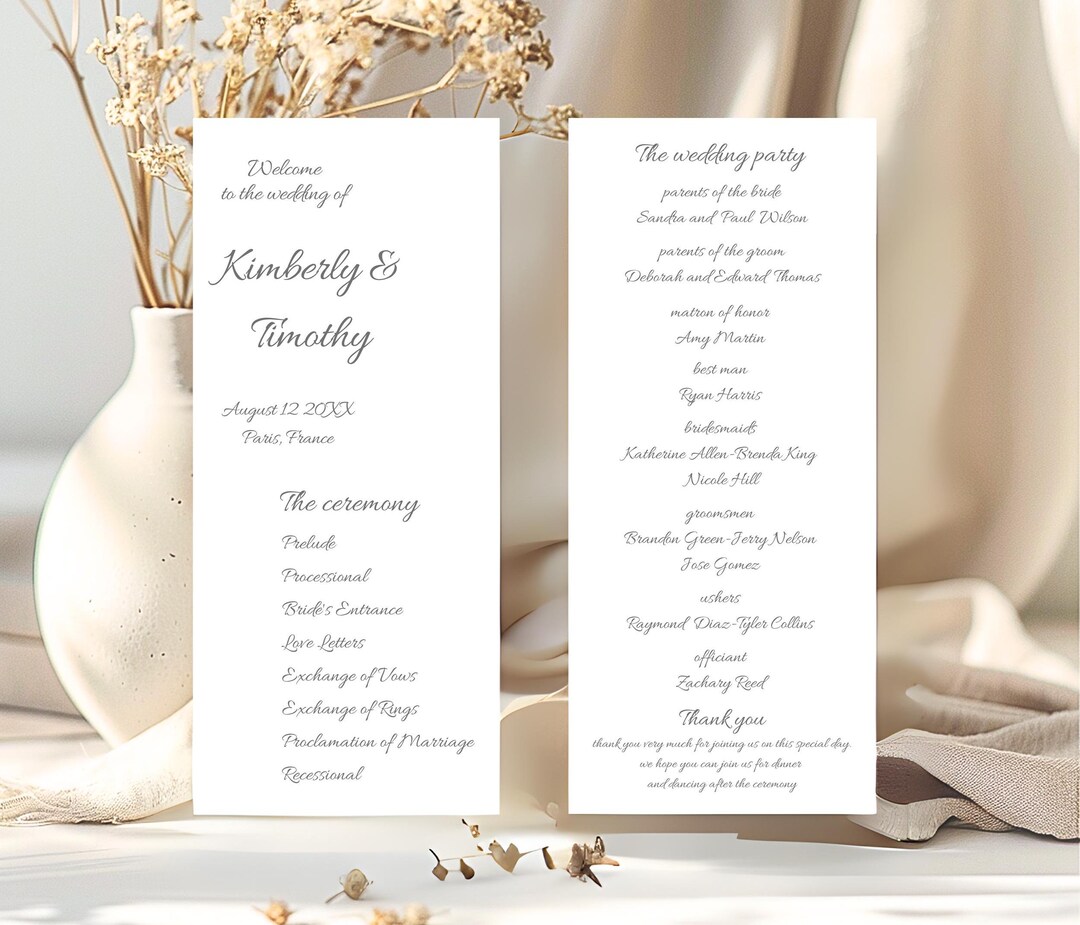 Elegant Wedding Ceremony Program, Minimalist Wedding Program Template ...