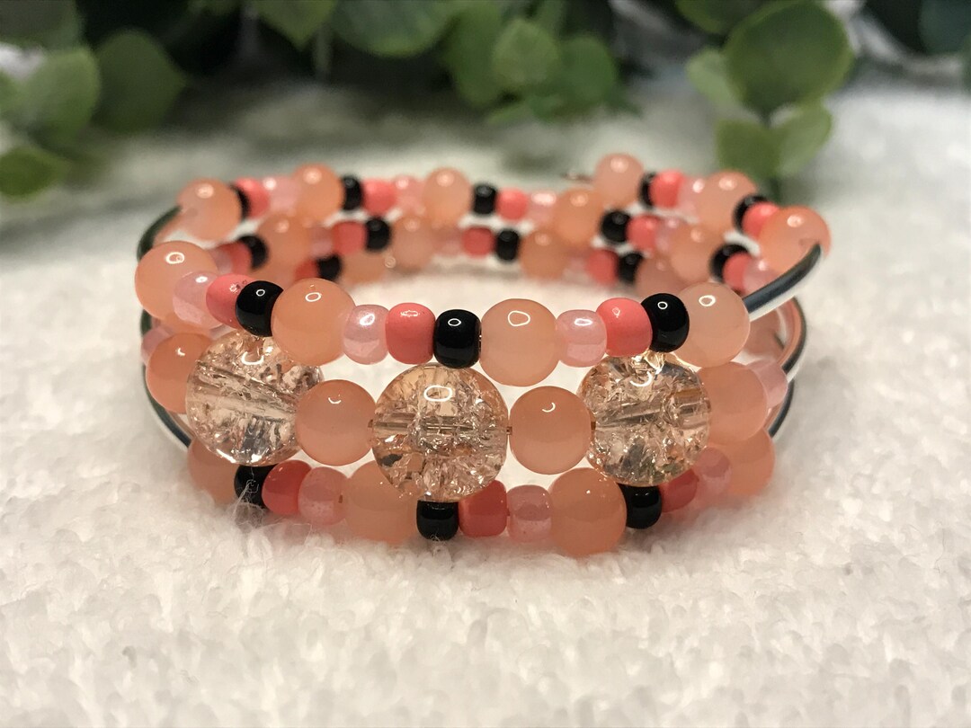Peach, Coral, Black and Silver, Coil Memory Wire Wrist Wrap Bracelet - Etsy