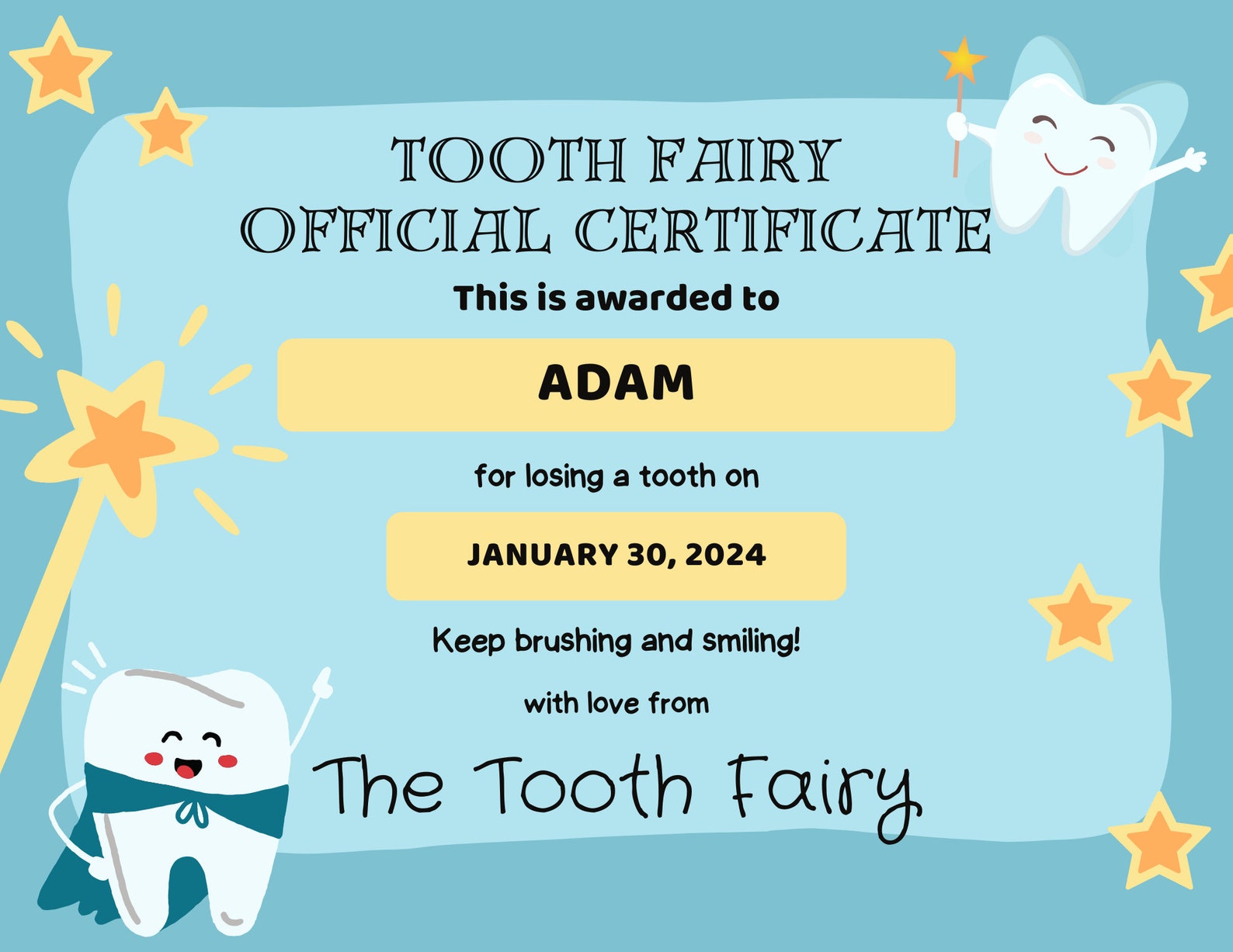 Printable Tooth Fairy Certificate for a Boy - Etsy