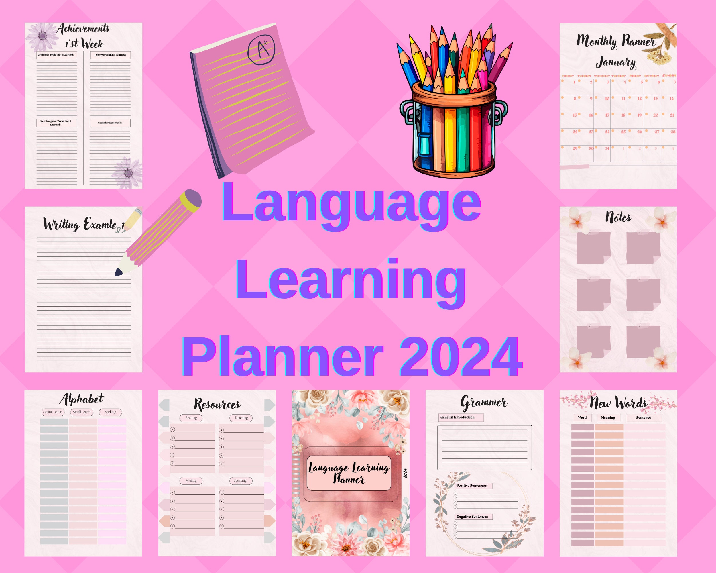 Language Learning Planner With 2024 Calender Weekly Schedule Study ...