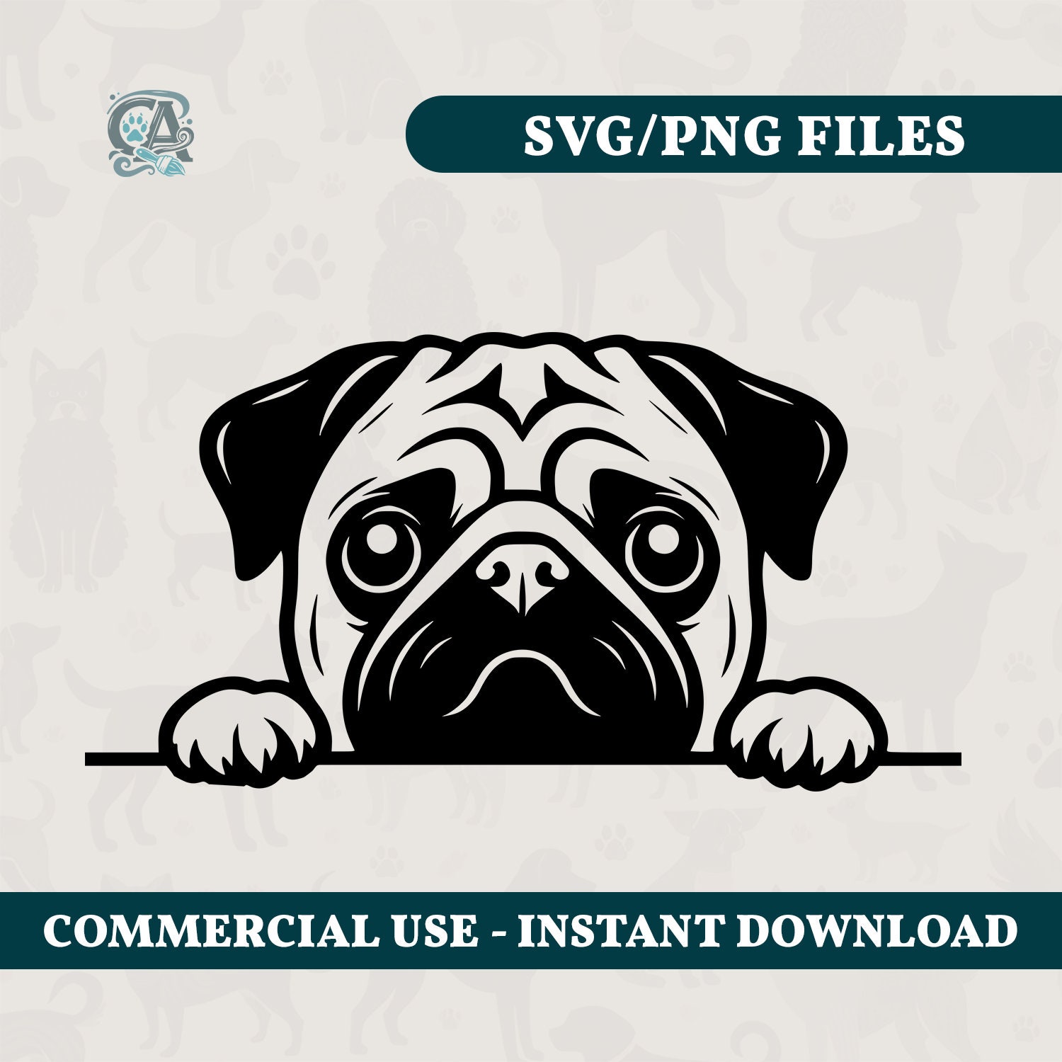 Peeking Pug Mops Dog SVG PNG Silhouette Clipart Instant Download Vector ...