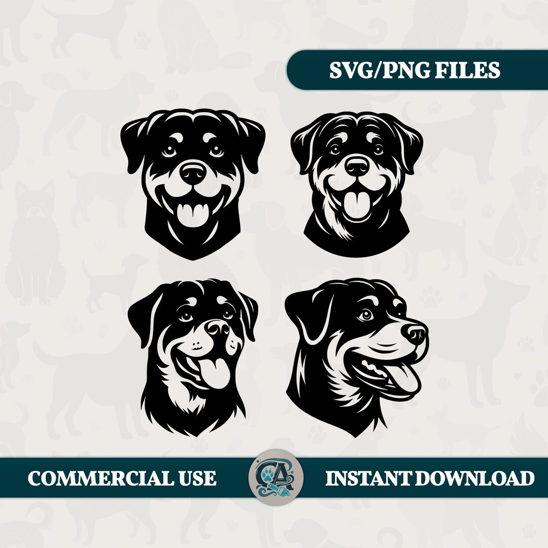 Happy Rottweiler Rotti Head Bundle SVG PNG Silhouette Clipart Instant ...