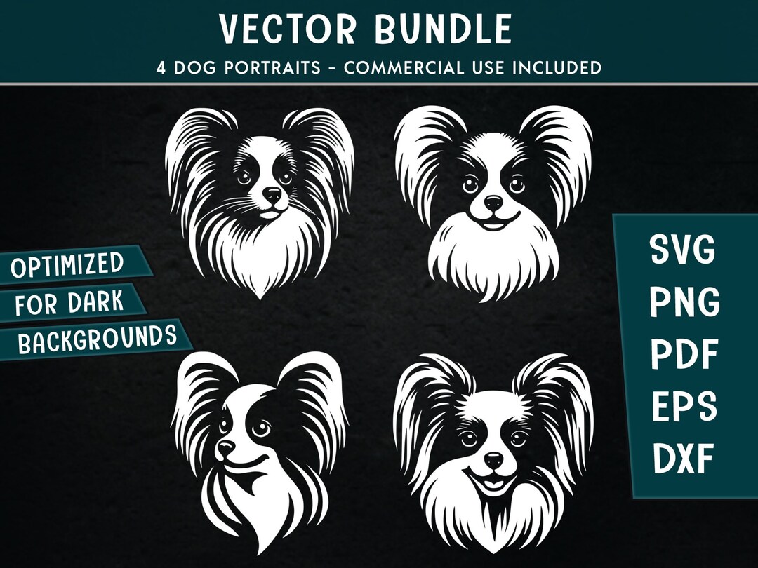 Papillon Portrait SVG Bundle Png, Pdf , Eps, Dxf Vector Files, White on ...