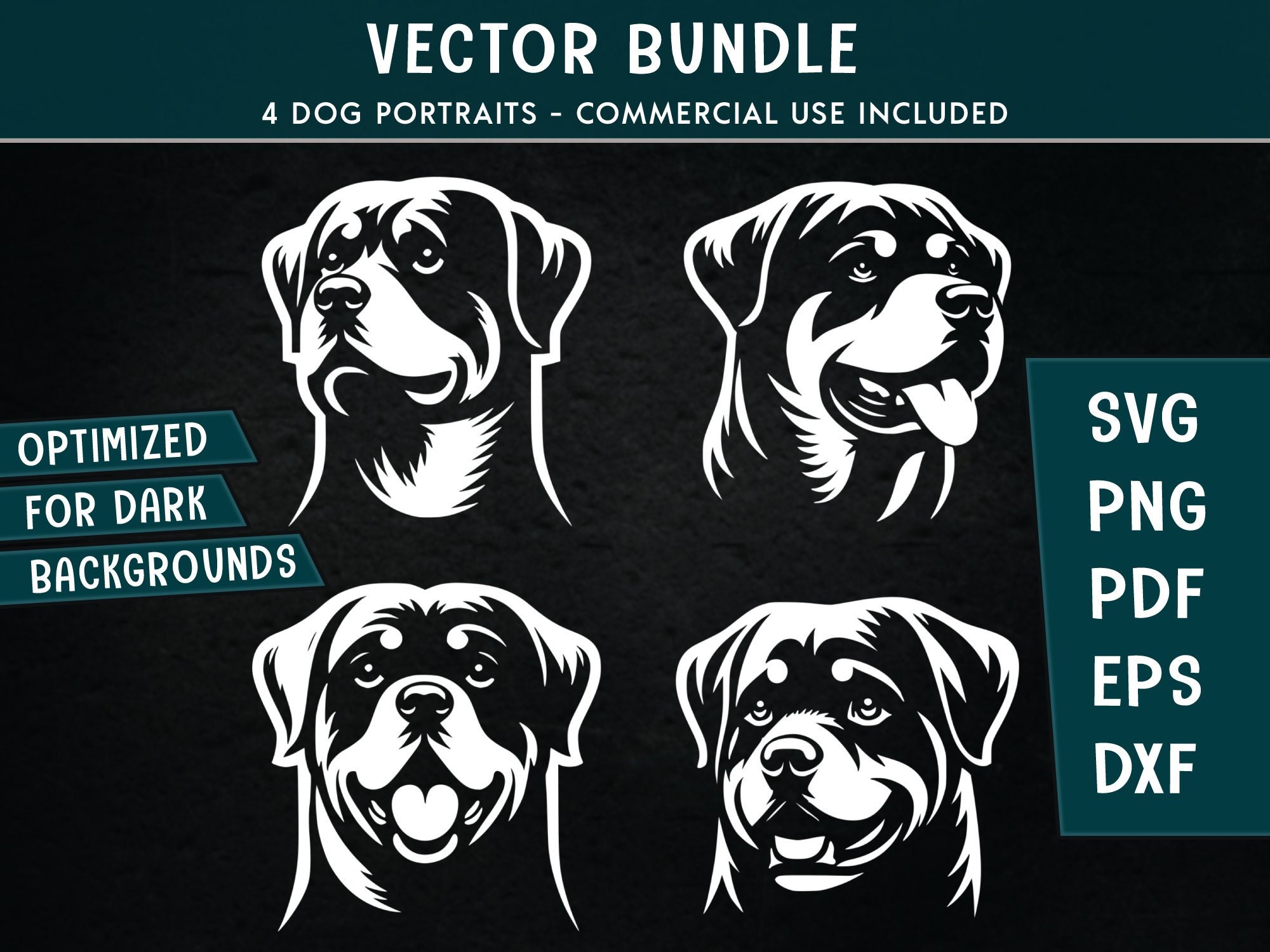 Rottweiler Portrait SVG Bundle Png, Pdf , Eps, Dxf Vector Files, White ...