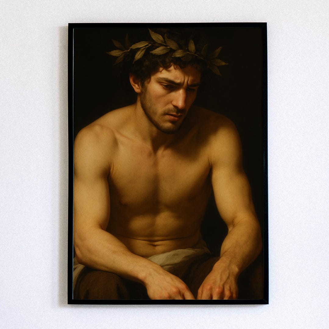 Thoughtful Male Muse With Laurel Crown and Ink-stained Hands, Academic ...