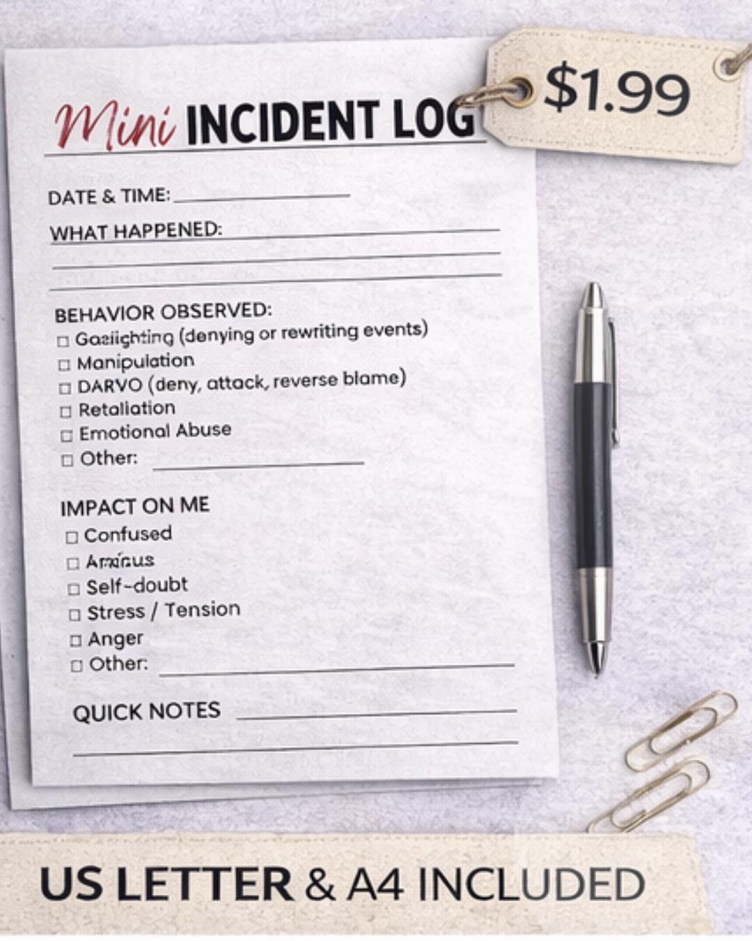 Gaslighting Mini Incident Log | 1 Page Abuse Documentation Printable ...